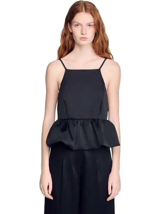 Sandro Fitted Crop Top With Ruffle - Black