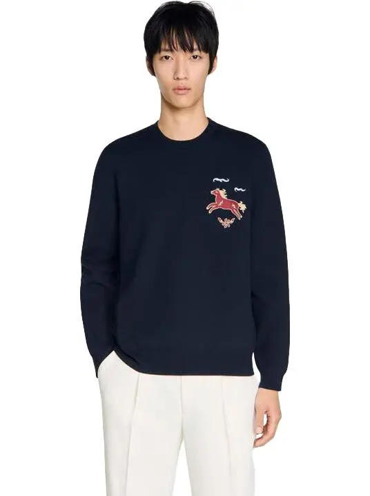 Sandro Embroidered Horse Sweatshirt - Navy Blue
