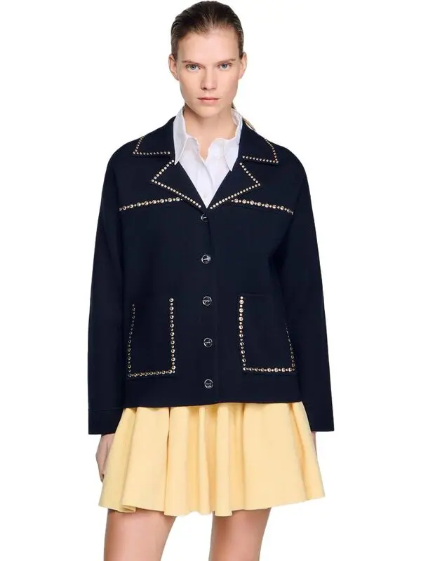 Sandro Studded Tailored Collar Cardigan - Navy Blue