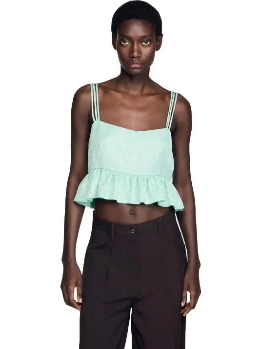 Sandro Floral Jacquard Ruffle Crop Top - Light Green