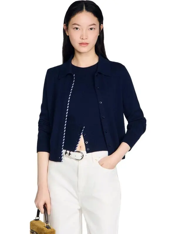 Sandro Striped Wool-cashmere Cardigan - Navy Blue