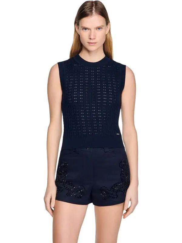 Sandro Cropped Textured Knit Sleeveless Sweater - Navy Blue