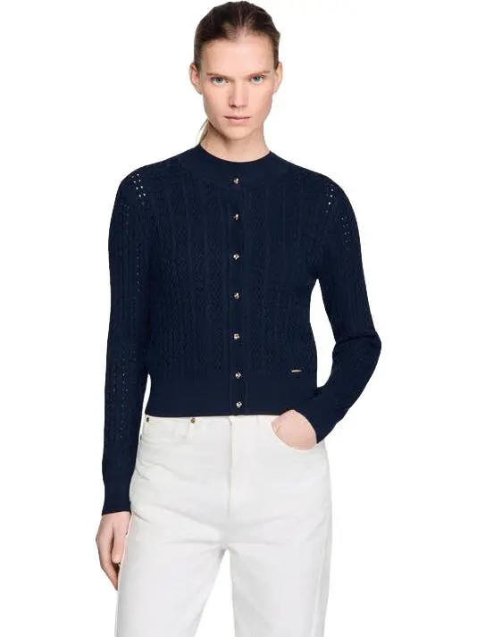 Sandro Cropped Textured Knit Cardigan - Navy Blue