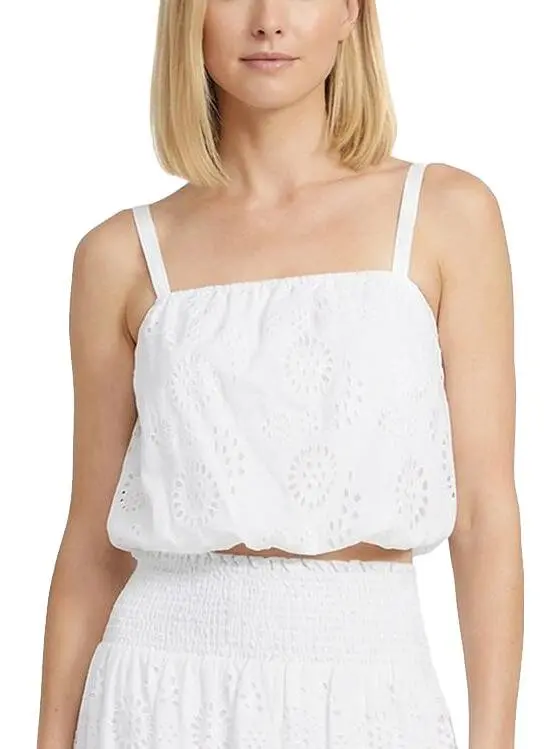 CHANGE OF SCENERY Eyelet Embroidered Bubble Crop Top - Fresh White