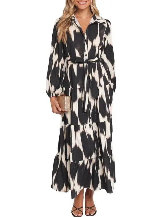 PETAL & PUP Printed Tie Waist Maxi Shirtdress - Black Print