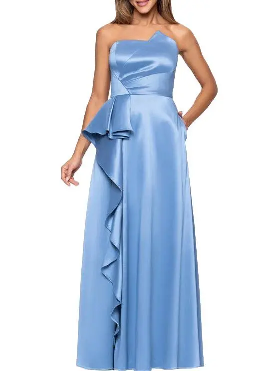 XSCAPE EVENINGS Asymmetric Strapless Stretch Satin Gown - Slate