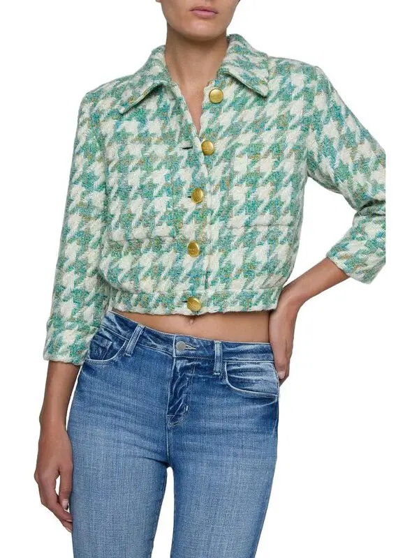 L'Agence Jia Houndstooth Tweed Crop Jacket - Dusty Jade Multi Houndstooth