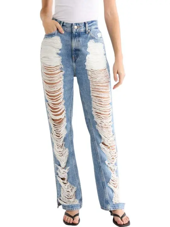 Good American High Waist Ripped Straight Leg Jeans - Indigo1092