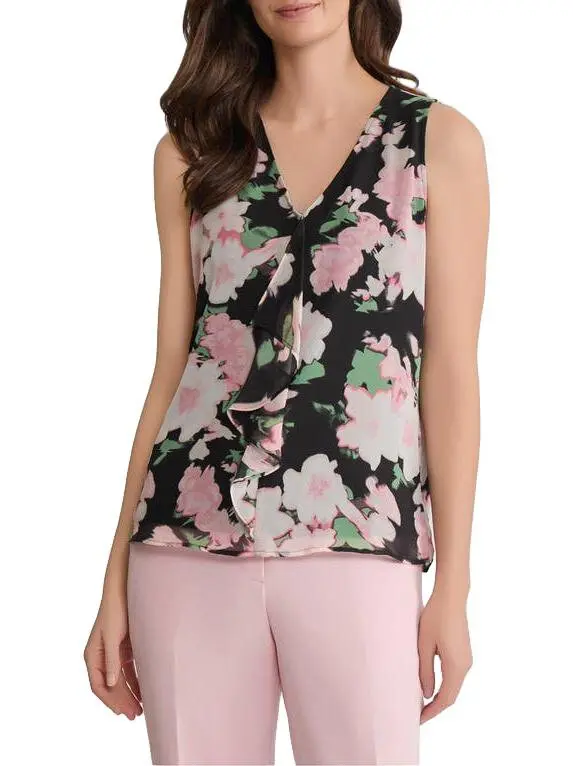 KASPER Floral Ruffle Sleeveless Top - Black Multi