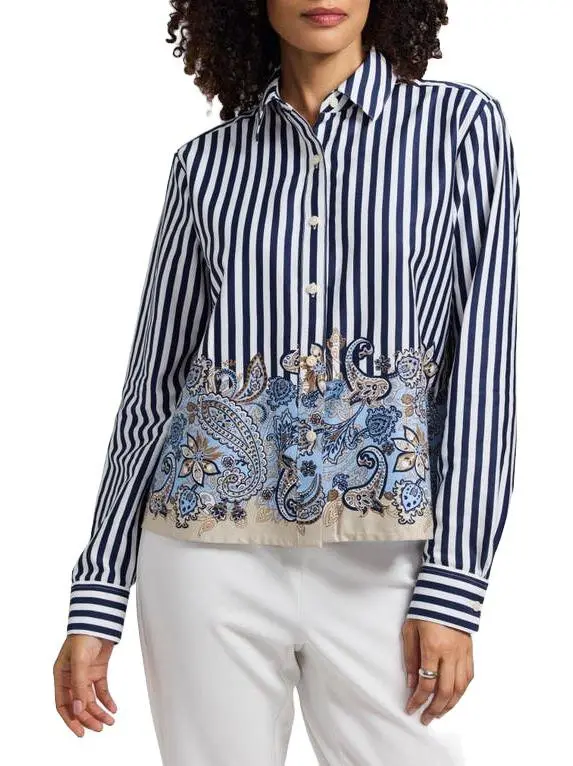 Foxcroft Stripe & Paisley Print Button-down Blouse - Blue Multi