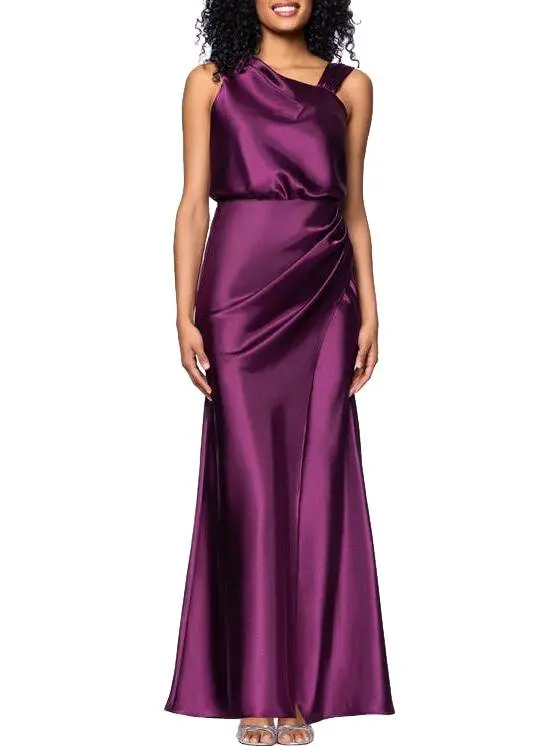 Betsy & Adam Ruched Charmeuse Trumpet Gown - Plum