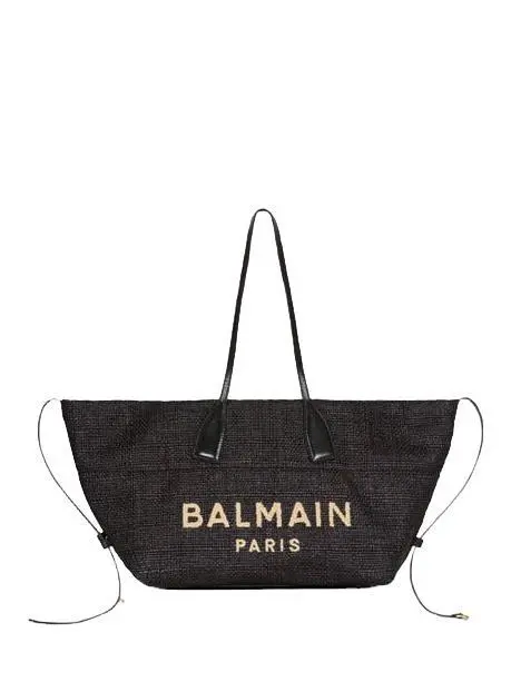 Balmain Track Tote Bag In Raffia And Calfskin - Black