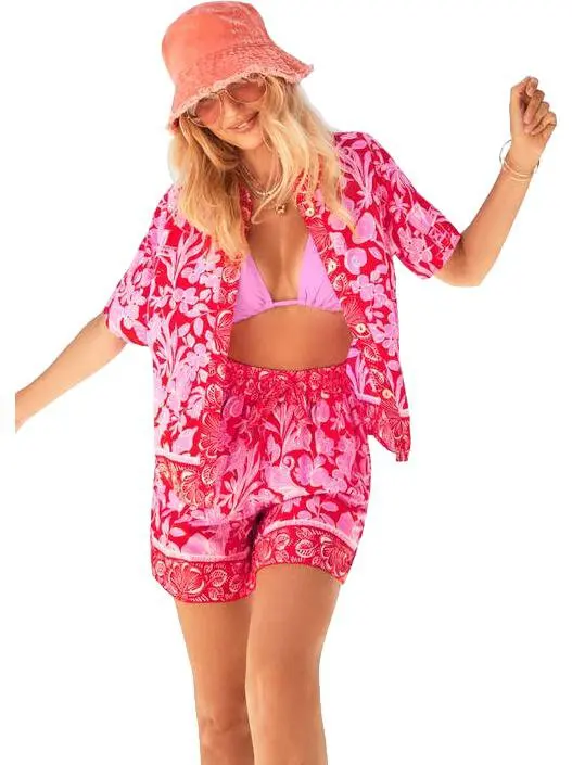 SWIMSUITS FOR ALL Cropped Button-front Beach Cover-up Shirt - Ruby Paradise