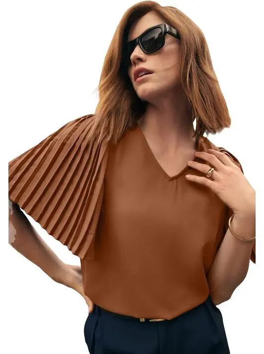 JESSICA LONDON Pleated Sleeve Georgette Blouse - Cognac