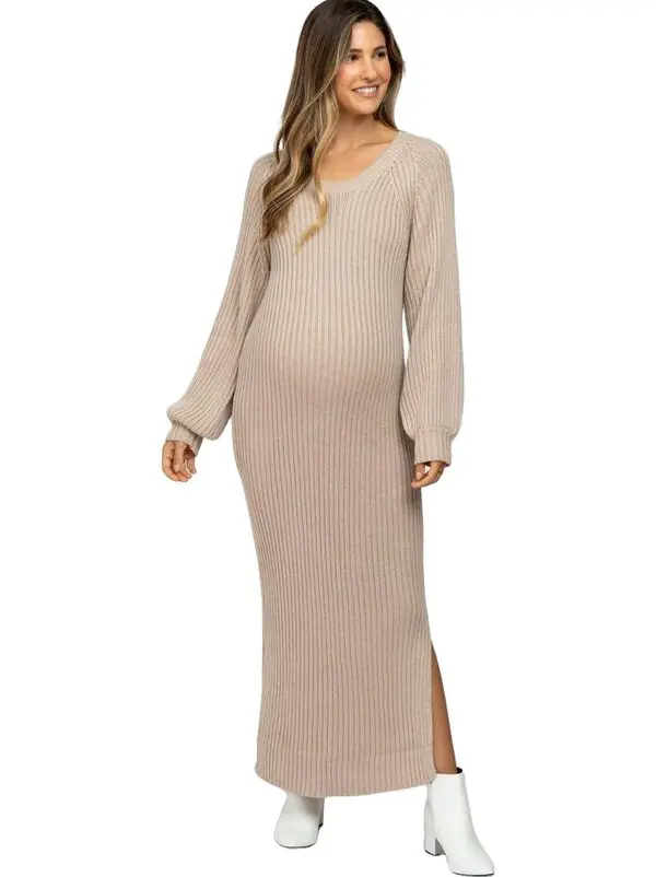 PINKBLUSH Side Slit Maxi Sweater Dress - Beige