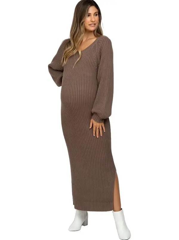 PINKBLUSH Side Slit Maxi Sweater Dress - Taupe
