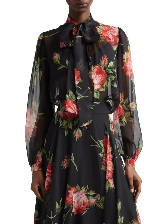 Dolce & Gabbana Bouquet Silk Chiffon Top - Bouquet Rose F.nero