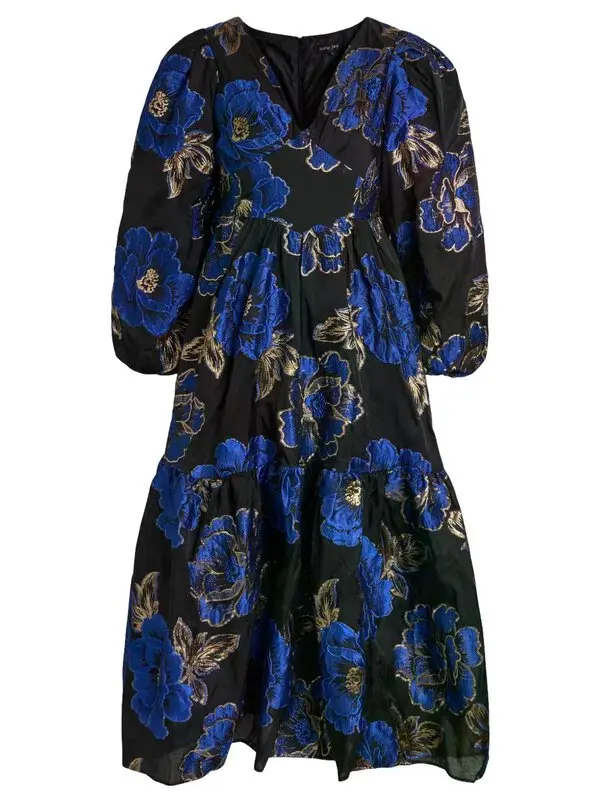 SISTER JANE Floral Jacquard V-neck Midi Dress - Black