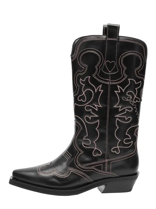 GANNI Mid-shaft Embroidered Western Boots - Black/pink