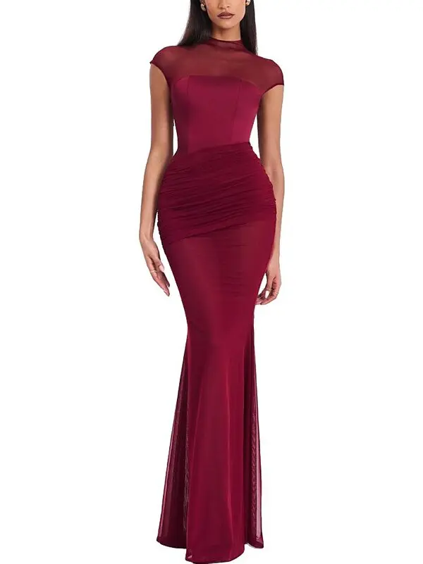 MISS CIRCLE Fabienne Mesh Cap Sleeve Mermaid Gown - Burgundy