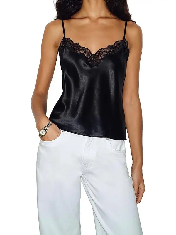 REFORMATION Silk Lace Trim Camisole - Black Lace