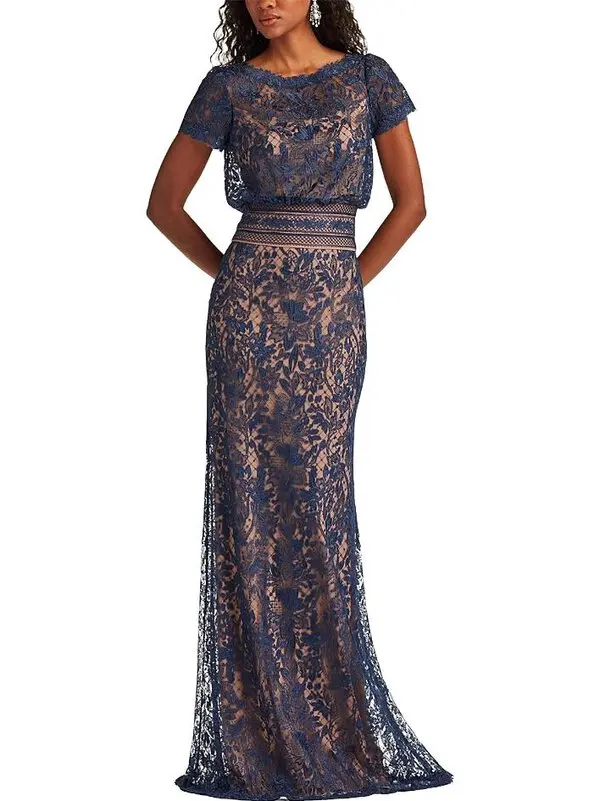 Tadashi Shoji Calista Embroidered Blouson Gown - Navy