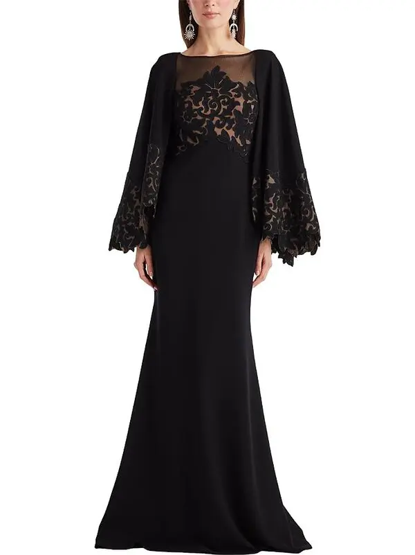 Tadashi Shoji Delgado Laser-cut Capelet Gown - Black/nude