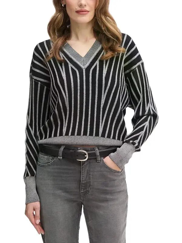Dkny Striped V-neck Sweater - Black
