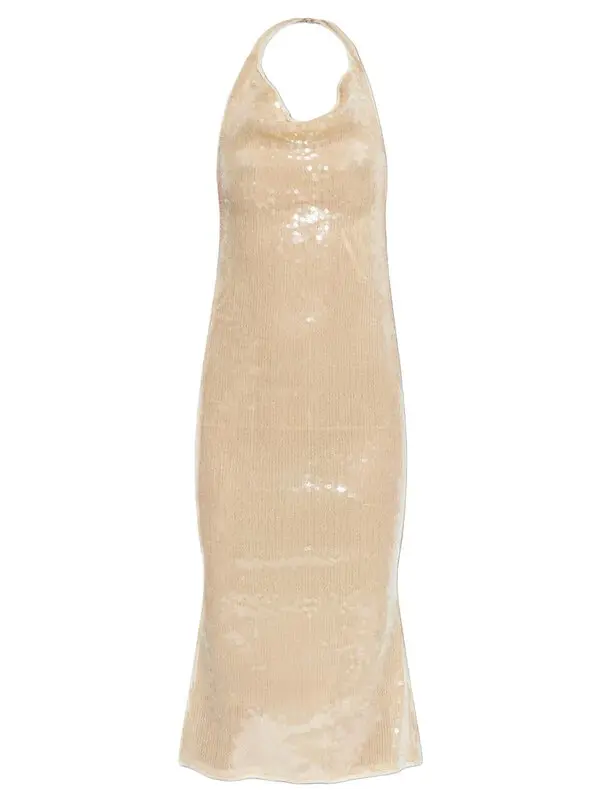 Oseree Sequin Embellished Halterneck Midi Dress - Cream
