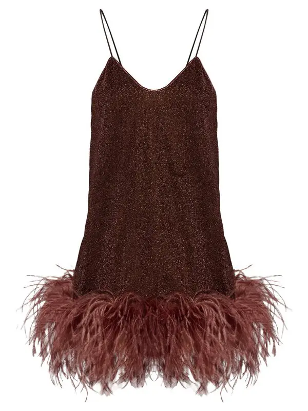 Oseree Mini Dress With Feather Detail - Brown