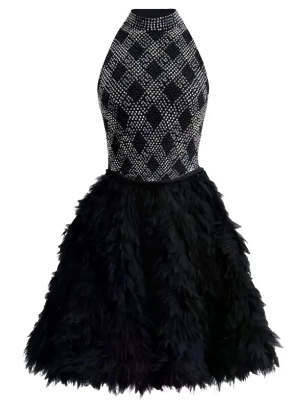 GEMY MAALOUF Beaded High-collar Feathered Dress - Black