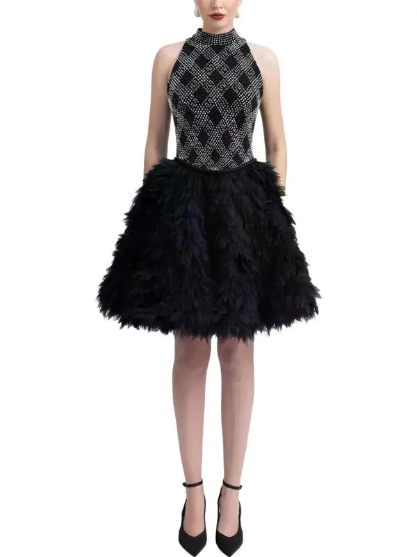 GEMY MAALOUF Beaded High-collar Feathered Dress - Black