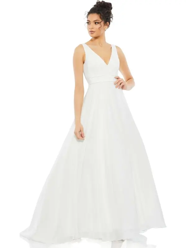 Mac Duggal Sleeveless V-neck Chiffon Ball Gown - White