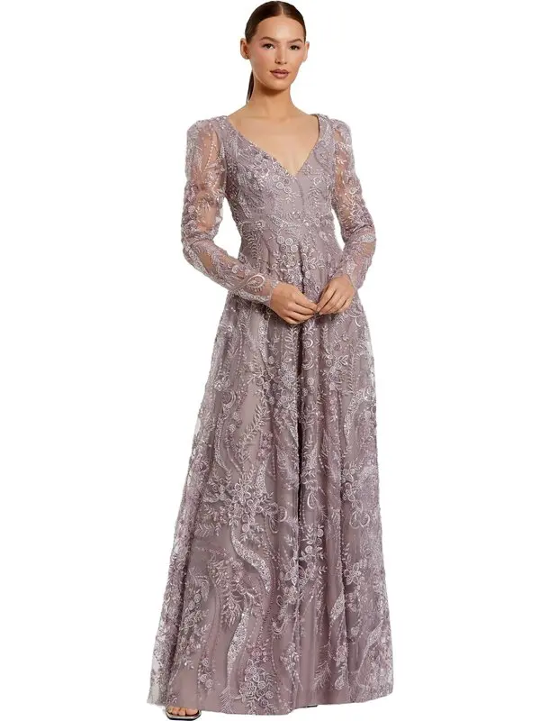 Mac Duggal Embroidered Long Sleeve V-neck Gown - Vintage Lilac