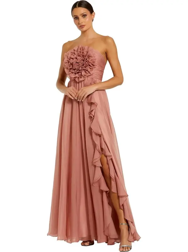 Mac Duggal Strapless Chiffon Gown With 3d Flower - Rose