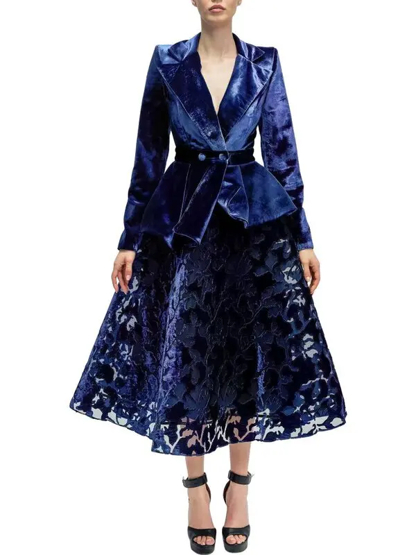 ARAFTU Velvet Blazer And Lace Skirt Suit - Blue
