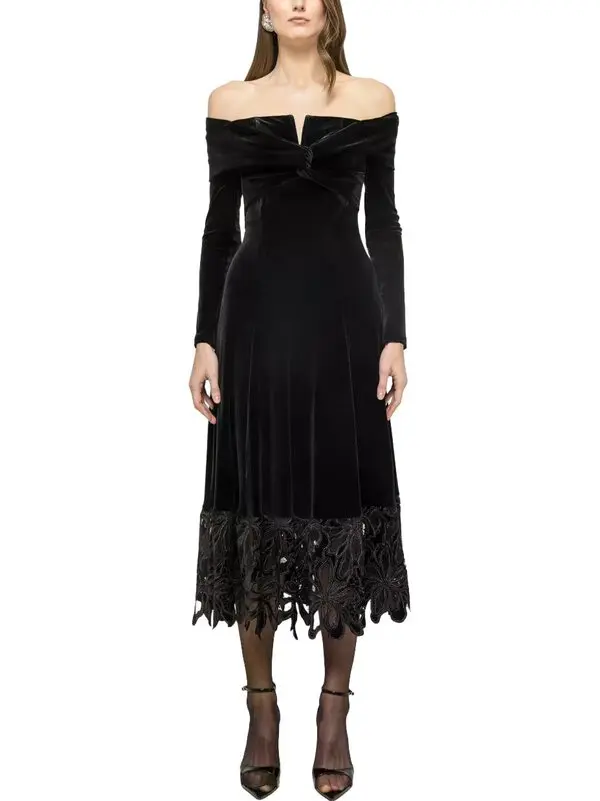 NISSA Off-shoulder Velvet Midi Dress - Black