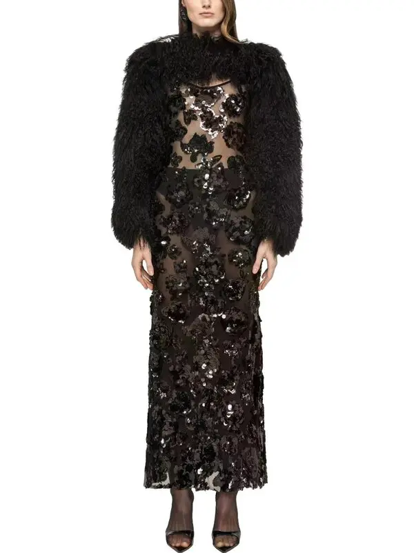 NISSA Sequined Tulle Maxi Dress - Black