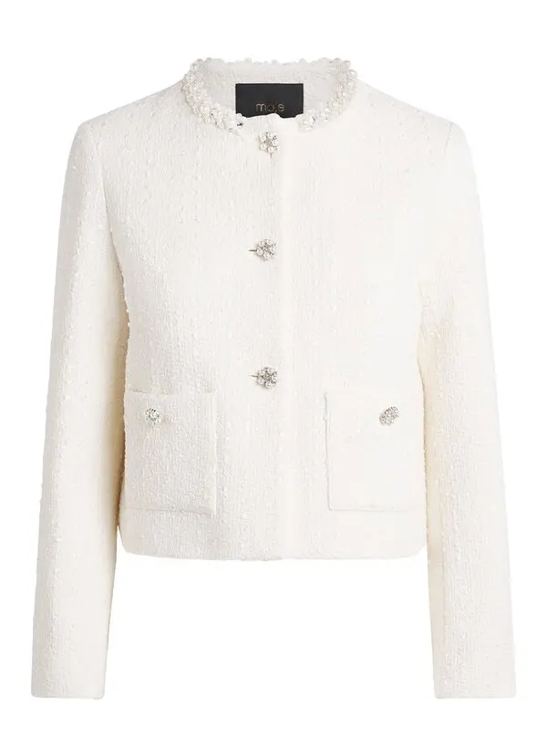 Maje Tweed Jacket With Pearl Trims - White