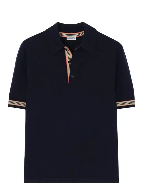 Burberry Icon Stripe Trim Wool Polo Shirt - Navy