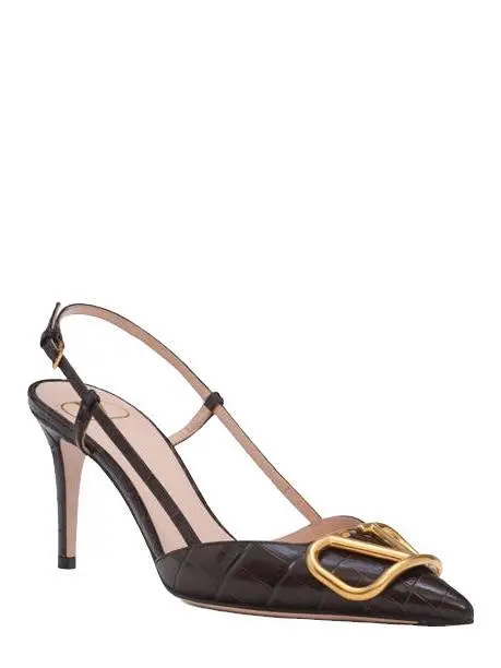 Valentino Garavani Vlogo Signature Croc-embossed Slingback Pumps - Brown