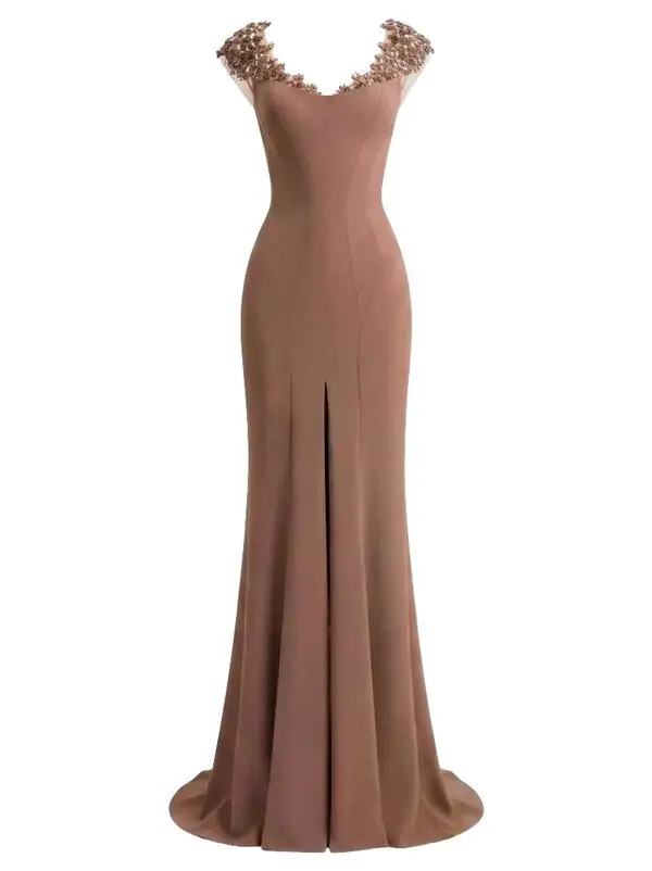 GEMY MAALOUF Beaded Neckline Maxi Dress - Brown
