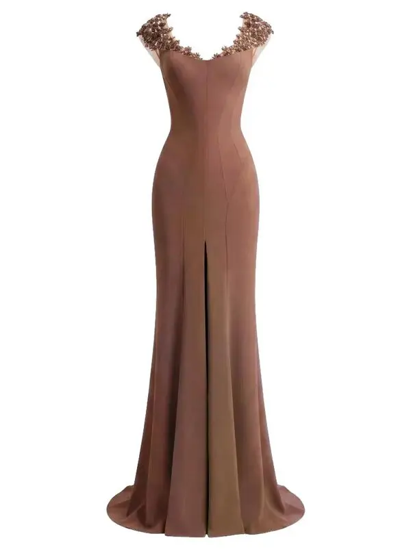 GEMY MAALOUF Beaded Neckline Maxi Dress - Brown