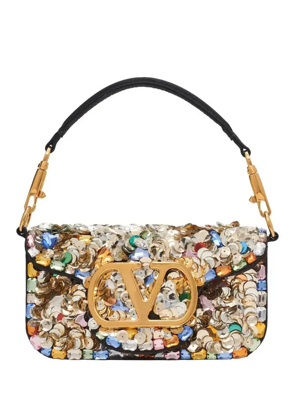 Valentino Garavani Small Locò Vlogo Paillette And Crystal Shoulder Bag - Gold Multi