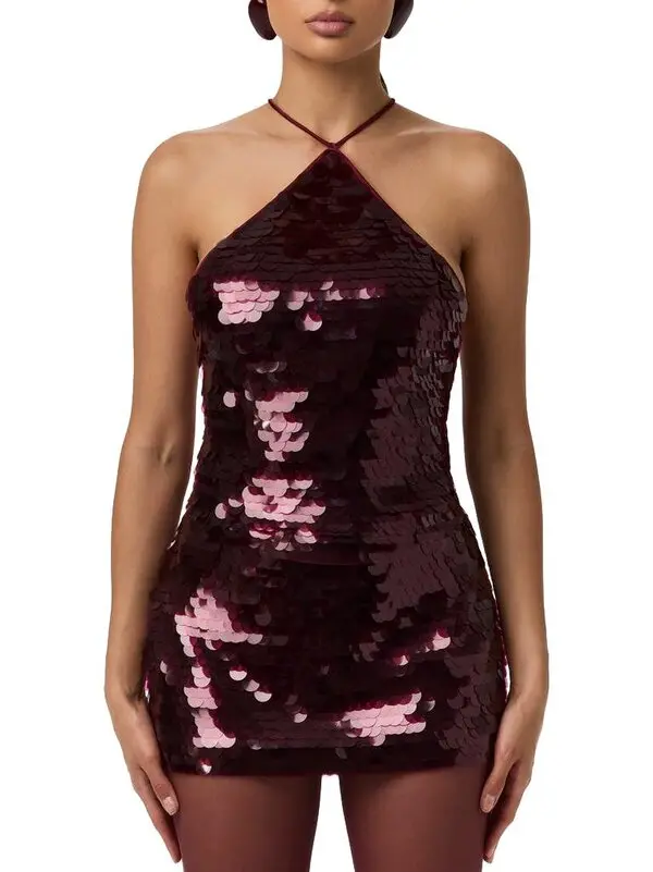Naked Wardrobe Sequin Halter Top - Cherry Lacquer