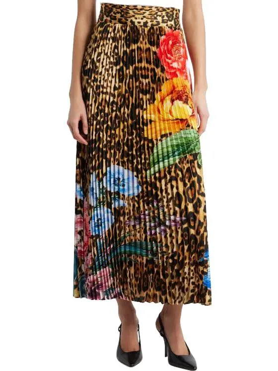 Elie Tahari Louise Pleated Satin Midi Skirt - Sahara Desert Print