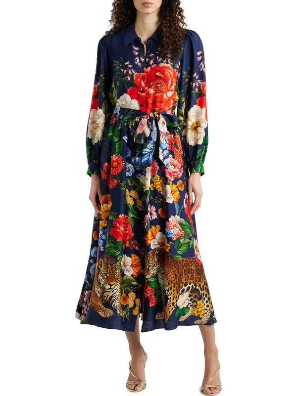 Elie Tahari Melina Long Sleeve Silk Shirtdress - Sahara Desert Print