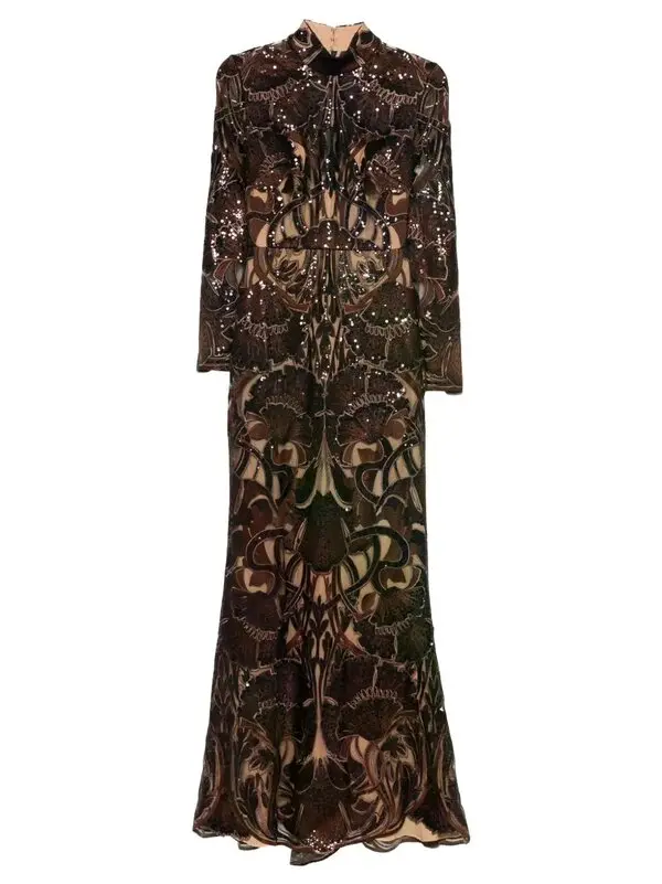 Elie Saab Sequin-embellished Long-sleeve Maxi Dress - Chocolate Brown