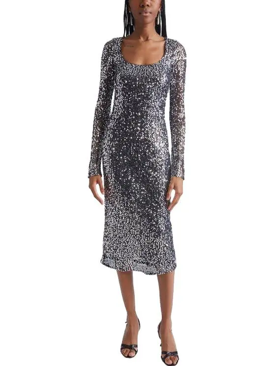 St. John Sequin Long Sleeve Sheath Dress - Black Silver