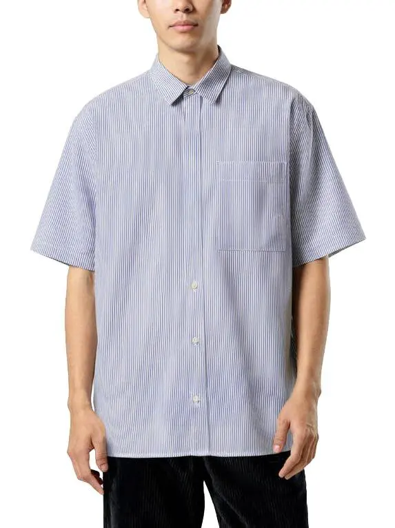 D.RT Oversize Pinstripe Short Sleeve Button-up Oxford Shirt - Navy